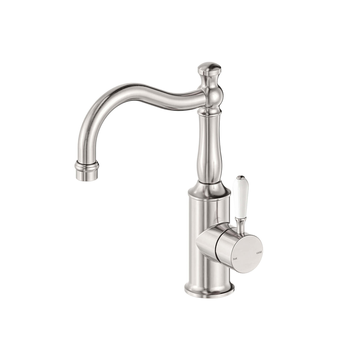 Nero York Basin Mixer Hook Spout With White Porcelain Lever Brushed Ni